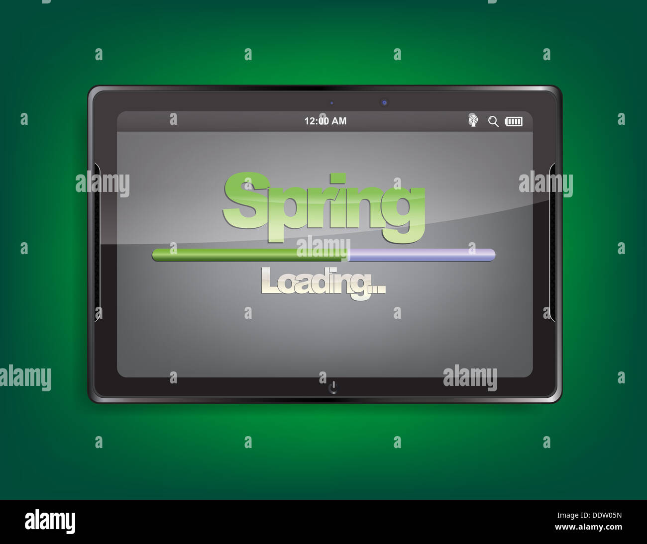 Tablet computer with the message "Spring" and a loading bar on the ...