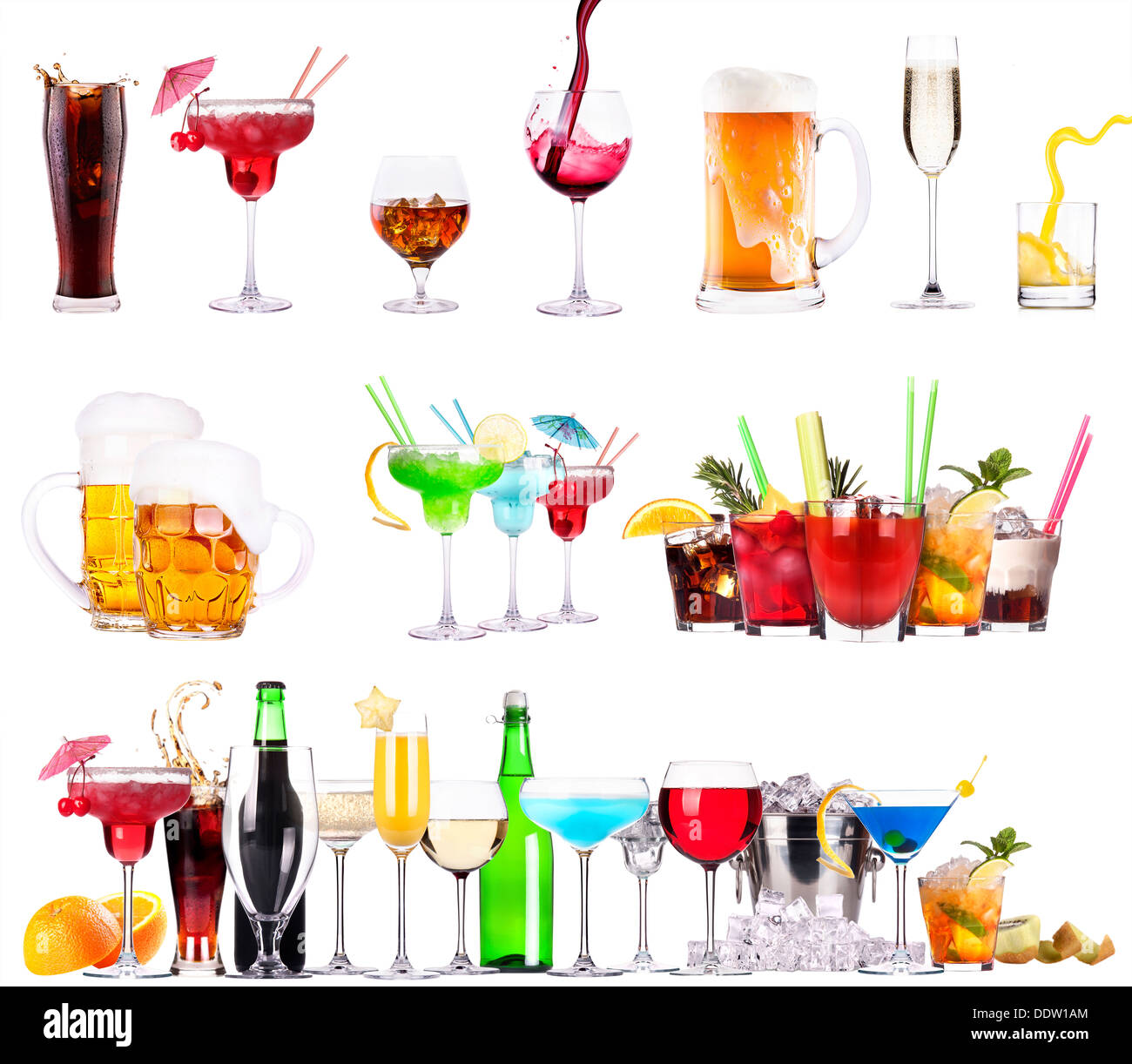 Different Alcohol Drinks Set Isolated Beer Martini Cola Scotch