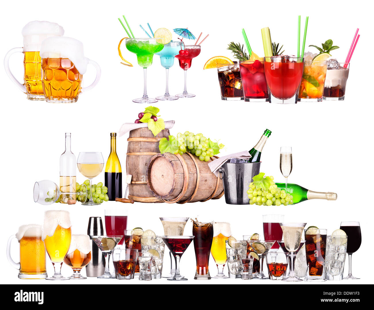 different alcohol drinks set isolated- beer, martini, cola, scotch ...