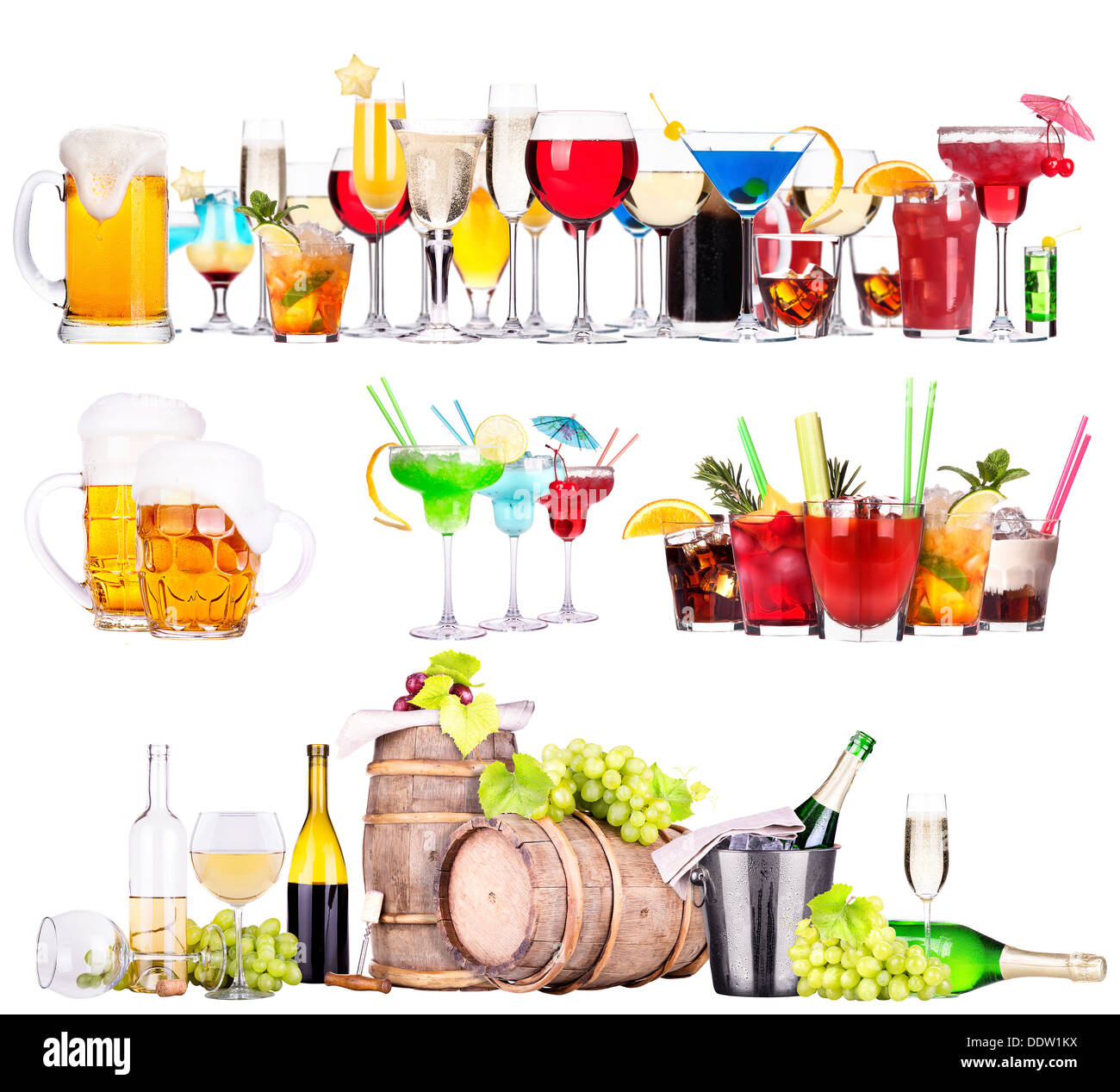 different alcohol drinks set isolated- beer, martini, cola, scotch ...