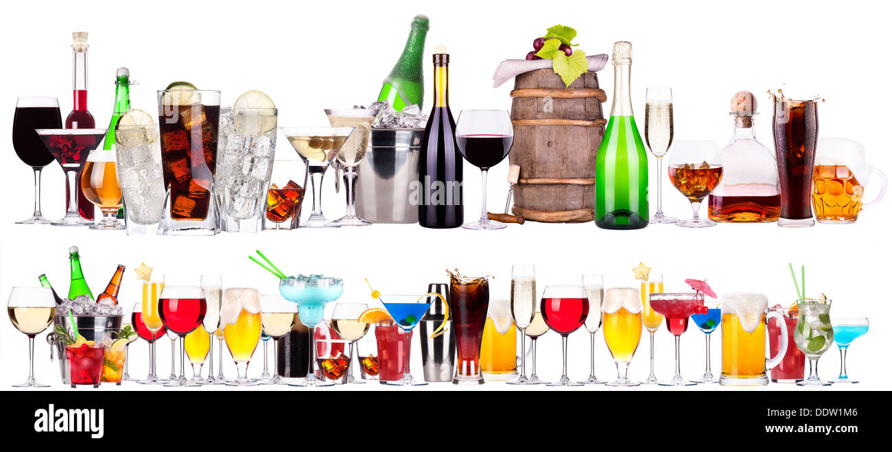 different alcohol drinks set isolated- beer, martini, cola, scotch ...
