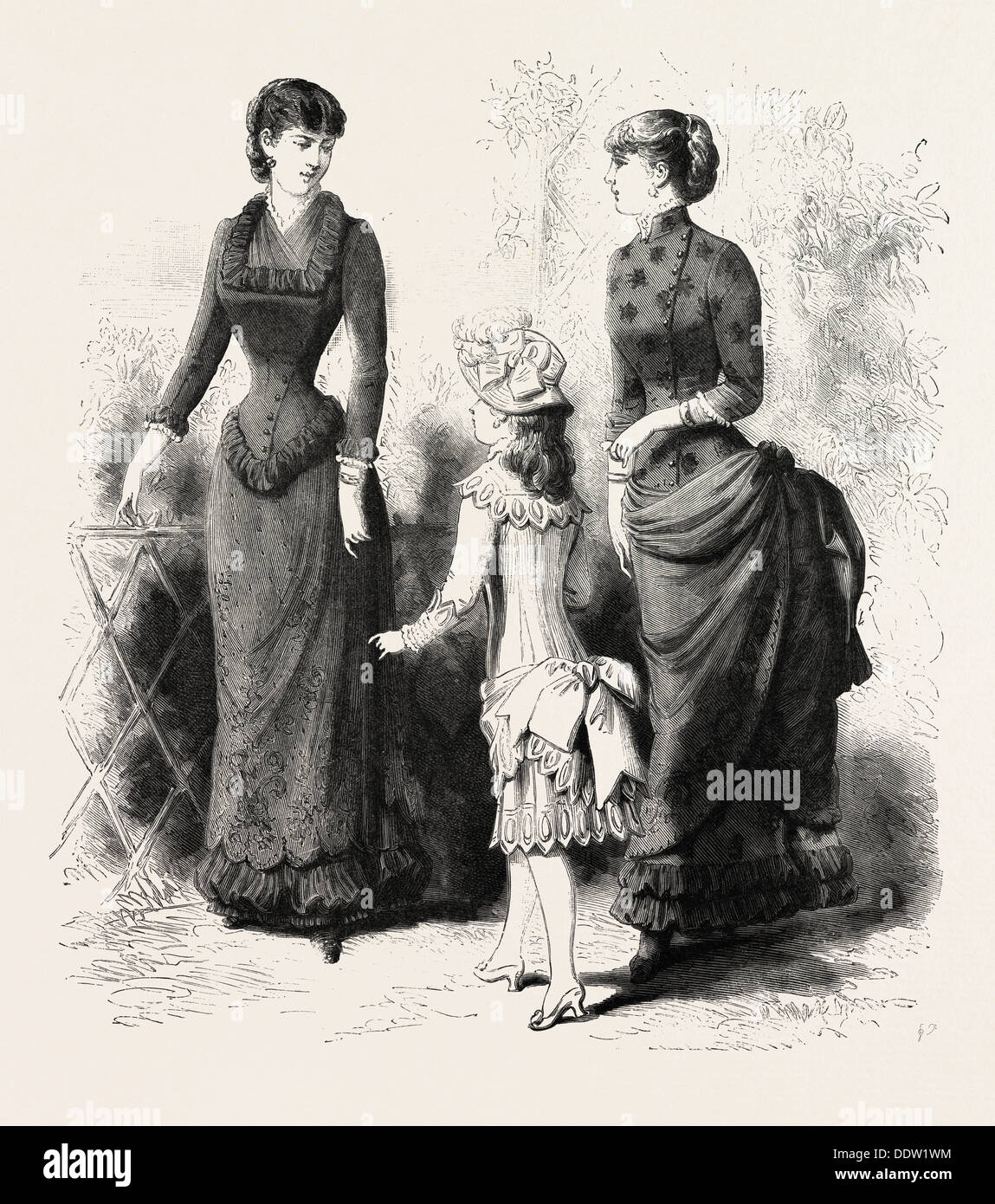 SUMMER COSTUMES, FASHION, ENGRAVING 1884, UK, britain, british, europe ...