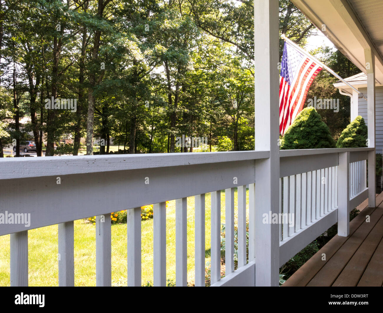 Showcase Pristine Suburban Front Porch and and Yard with US Flag, USA ...