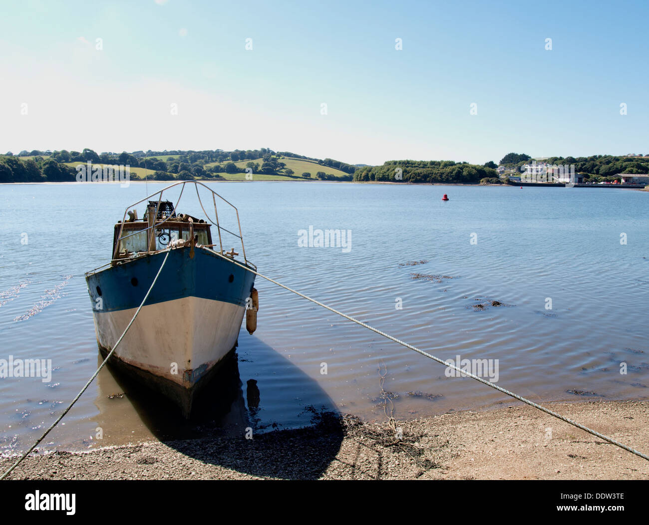 Old boat moored on the River Fal estuary near Truro, Cornwall, UK 2013 ...