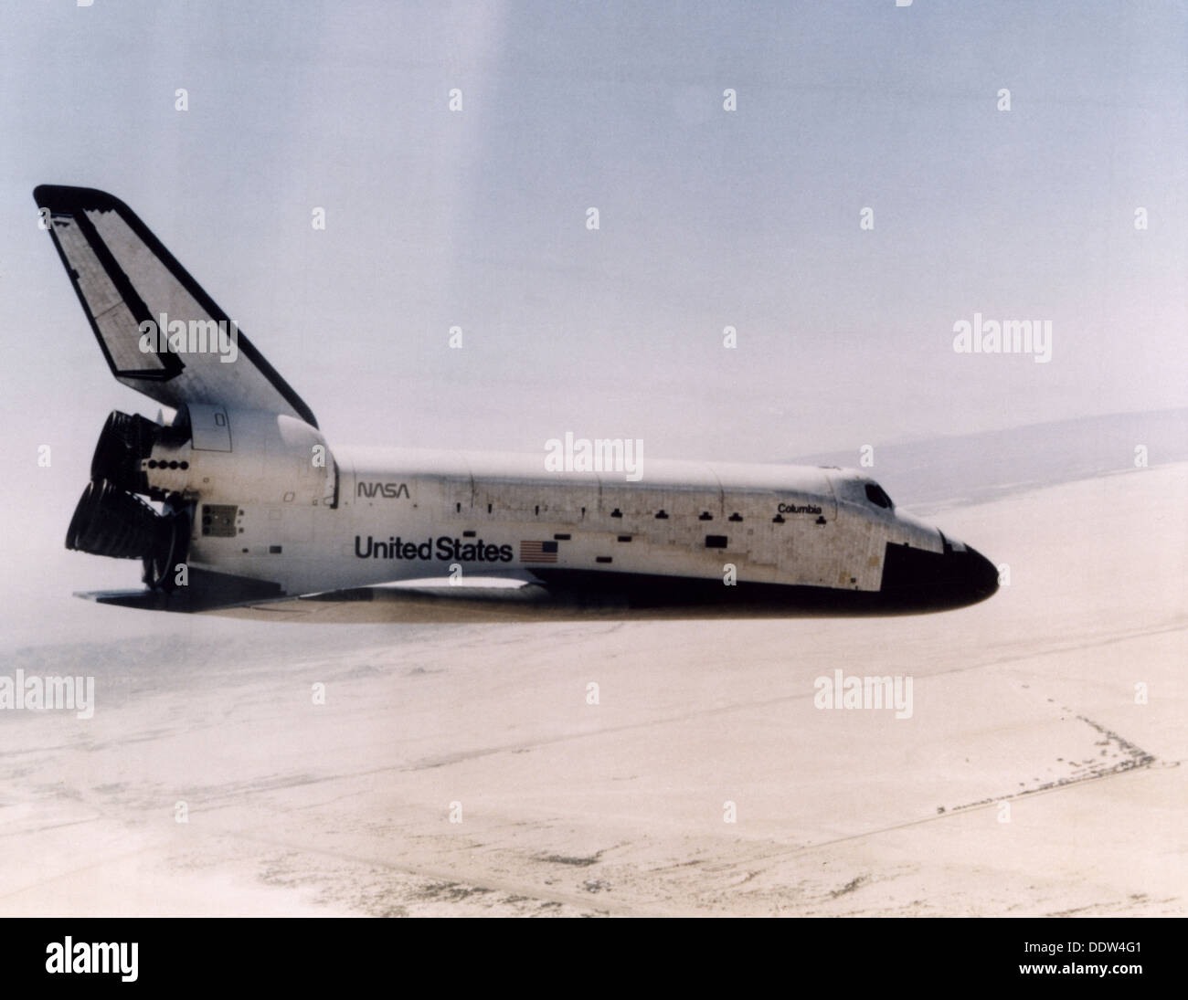 Space Shuttle Columbia approaches Edwards Air Force Base during its historic STS-1 mission on ...