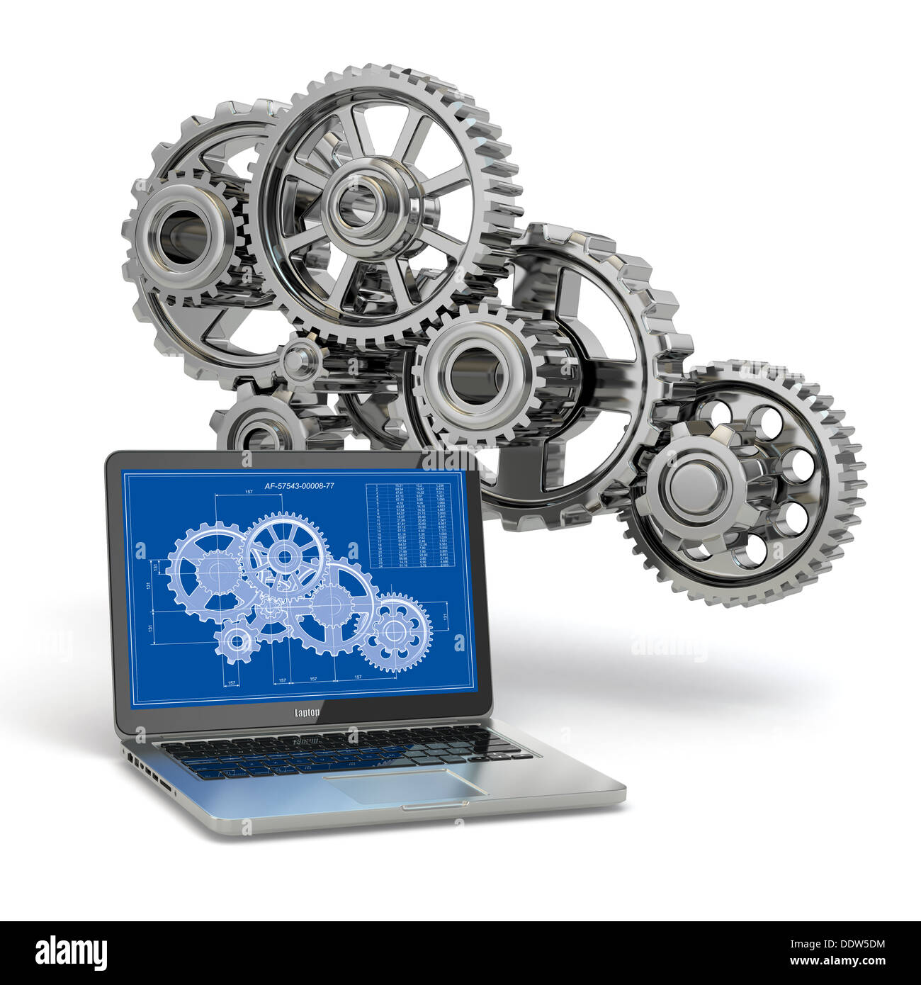 Computer-design engineering. Laptop, gear and draft. 3d Stock Photo - Alamy