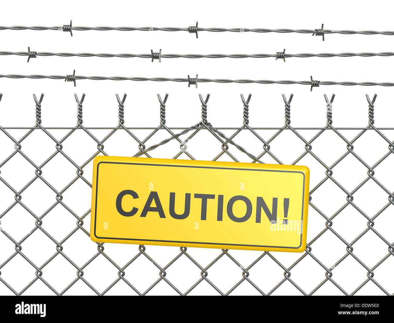 Caution. barbed wire fence with sign. 3d Stock Photo - Alamy