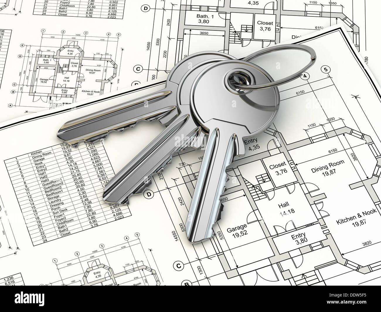 Concept. Key on house plan blueprint. 3d Stock Photo - Alamy