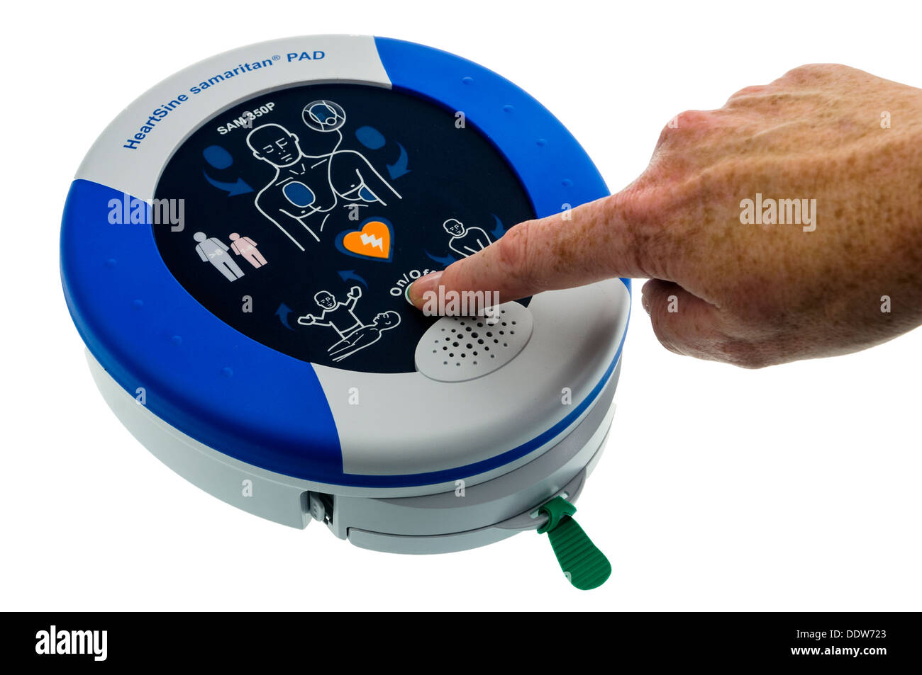 Woman presses the on/pff button on a Heartsine SAM350P automatic ...