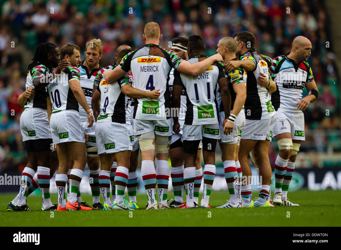 London, UK. 07th Sep, 2013. Harlequins huddle before kick off. Action ...
