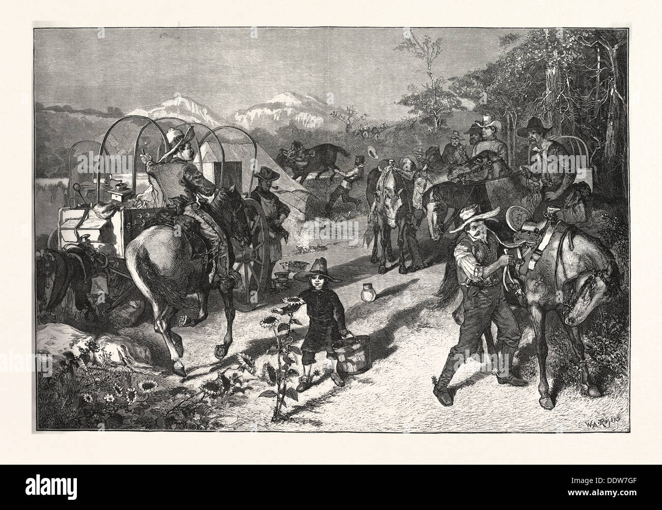 THE COW BOYS BREAKING CAMP DRAWN W. A. ROGERS, engraving 1880, US, USA ...
