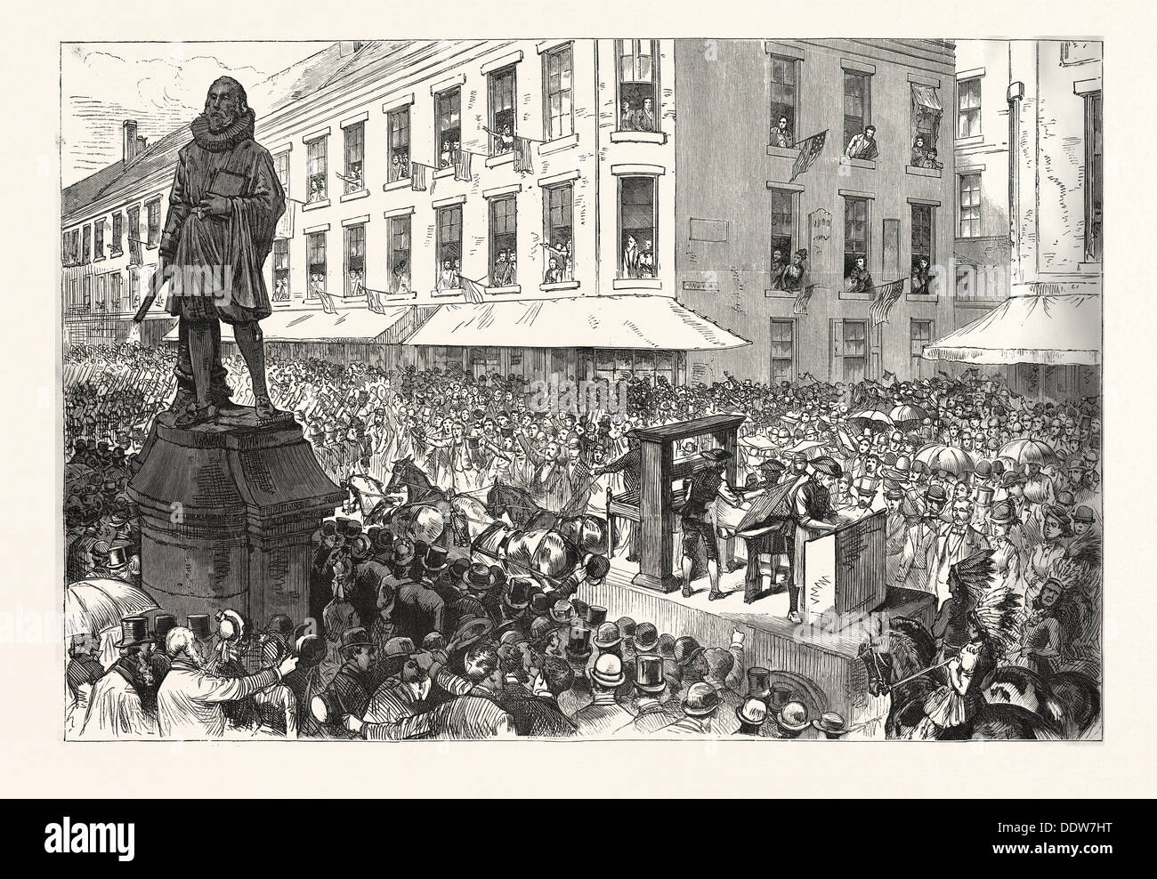 BOSTON CELEBRATION: THE PROCESSION PASSING WINTHROP STATUE. DRAWN BY C ...