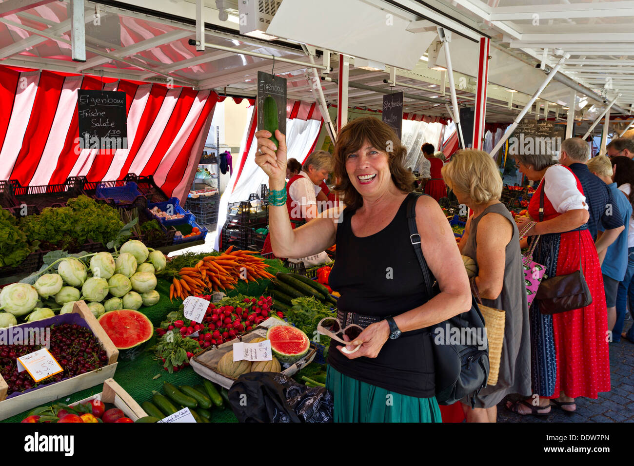 Happy smiling lady shopper at, food and produce market, Prien Upper ...