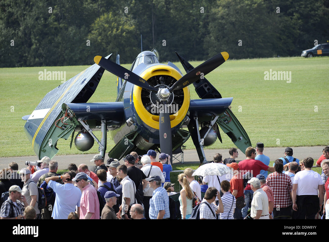 Visitors look at a parked airplane during the Oldtimer aviator meeting ...