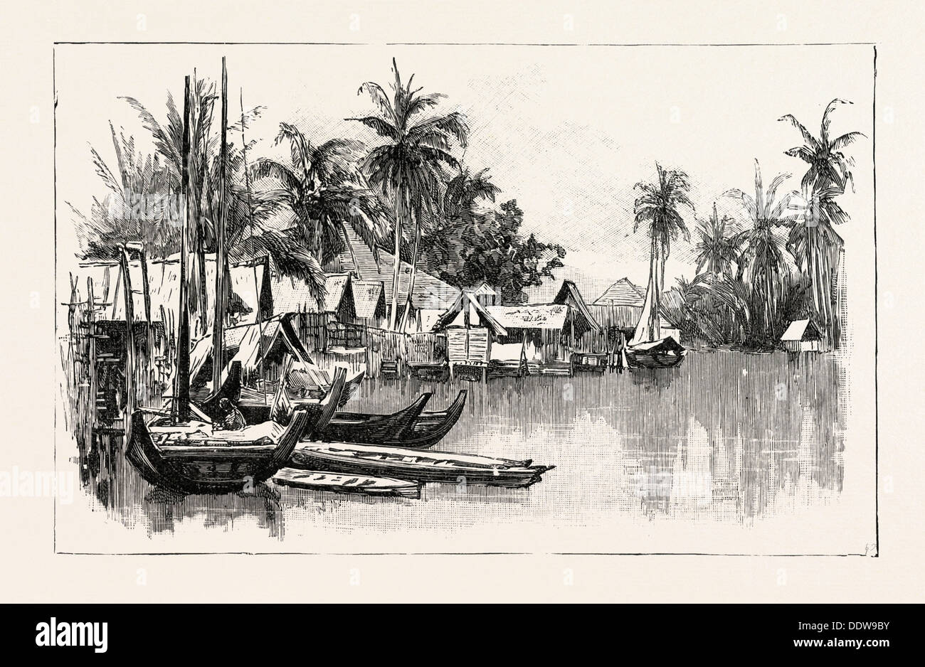 MALAY NATIVE VILLAGE ON THE EAST COAST OF SUMATRA, INDONESIA, 1890 ...