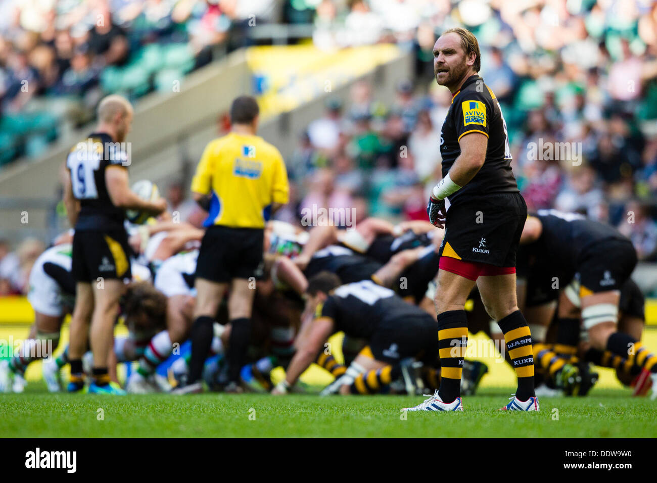 London, UK. 07th Sep, 2013. Wasps' Andy Goode marshals his defence ...
