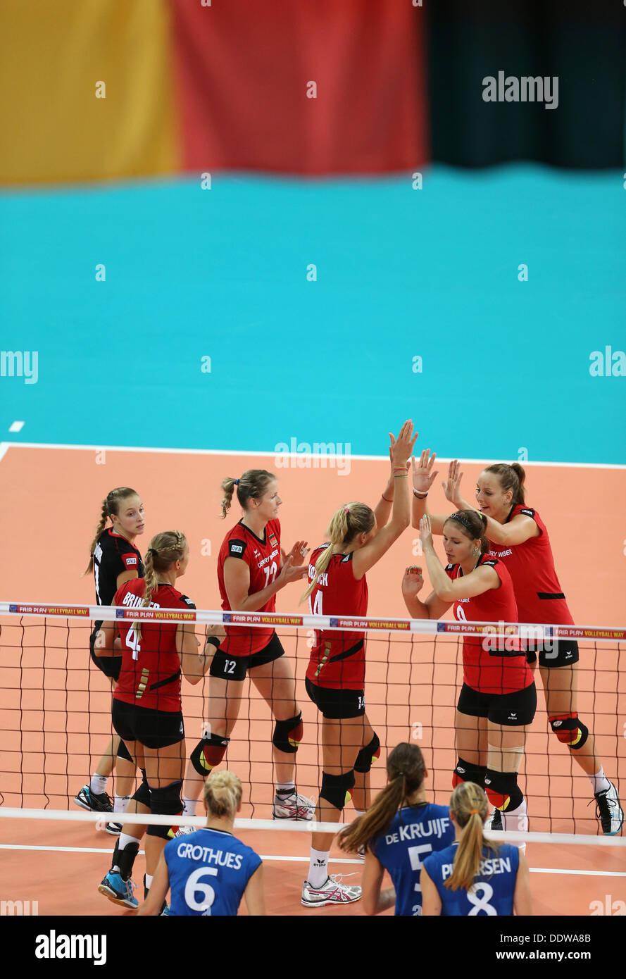 The team of Germany celebrates during their women's CEV Volleyball ...