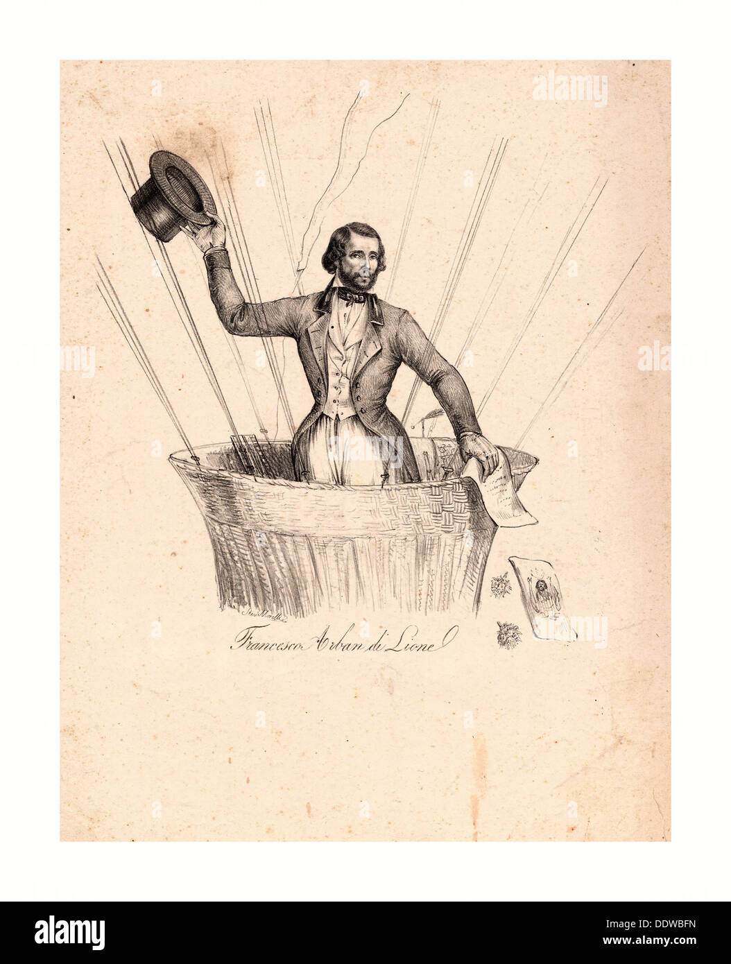 Half-length portrait of French balloonist Francesco Arban standing in ...