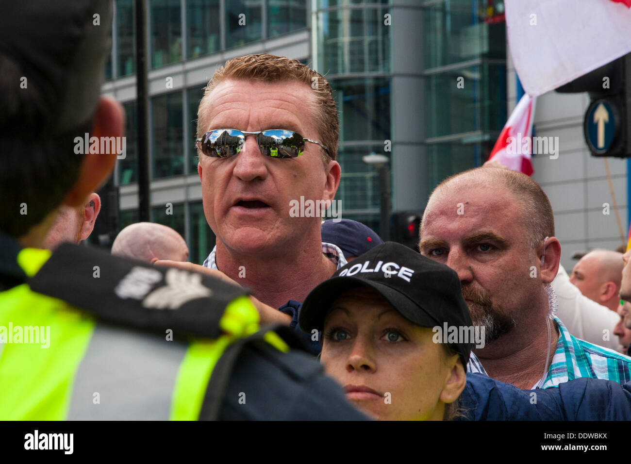 London, UK. 07th Sep, 2013. The EDL's Kevin Carol speaks with police as ...