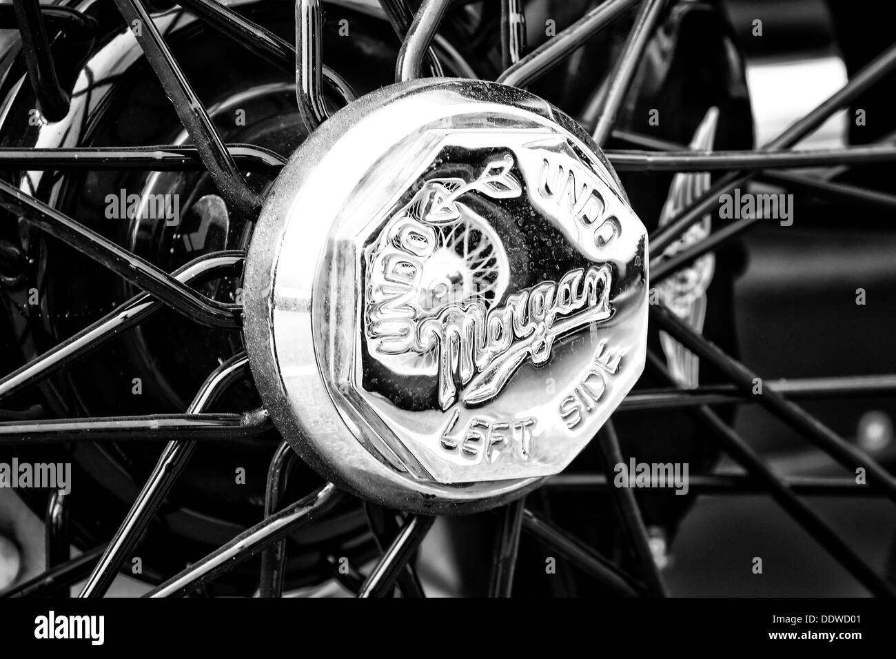 Detail of the wheels of the car Morgan Super Sport, V-Twin three ...