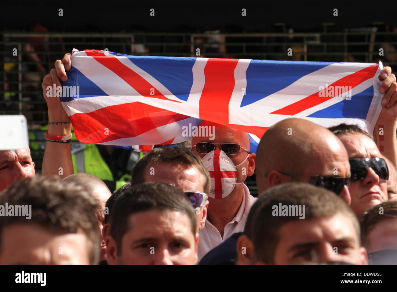 London, UK. 7 September 2013. A EDL member with a union jack flag at ...