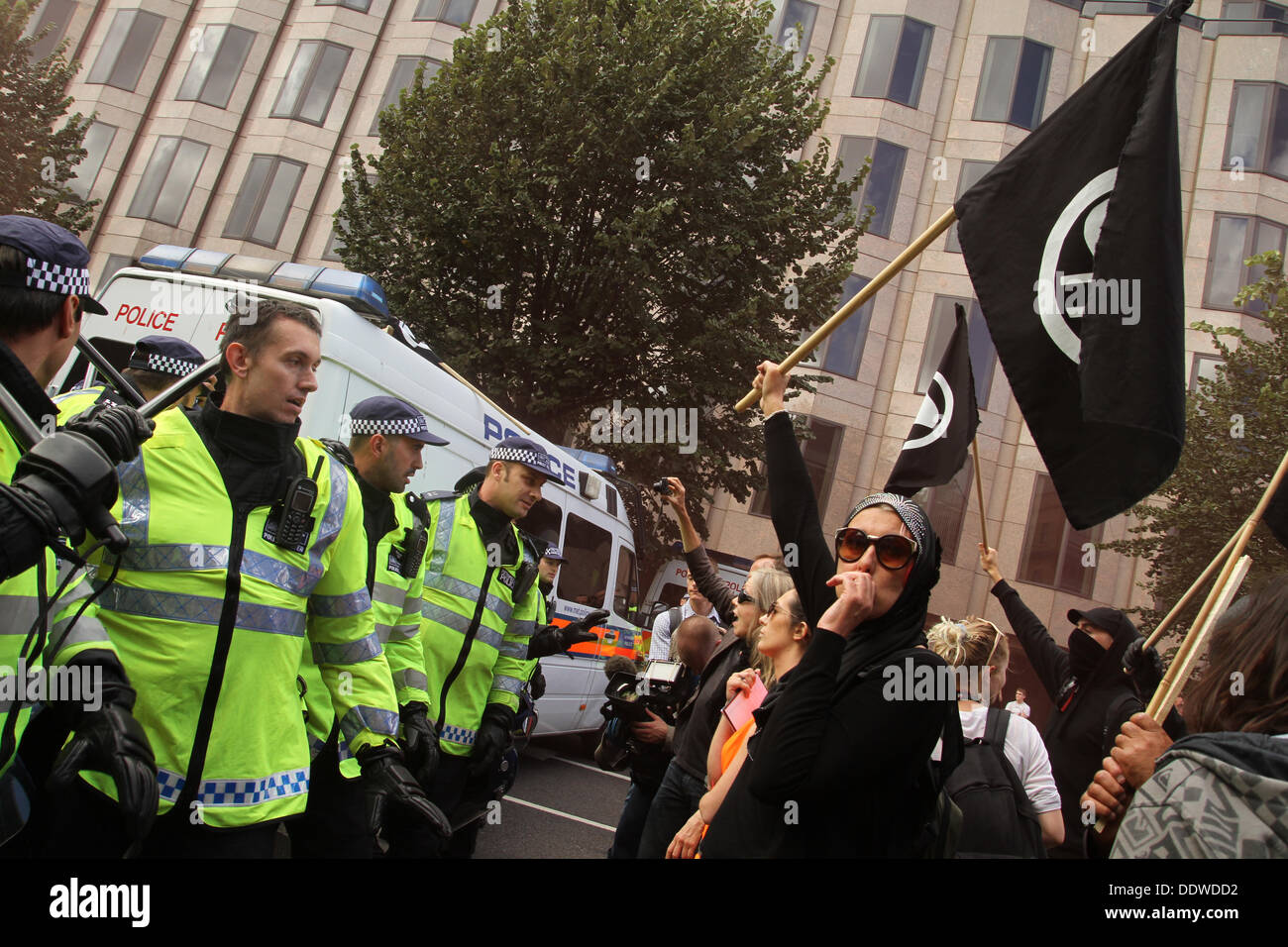 London, UK. 7 September 2013. A UAF demonstrator seen during the stand ...