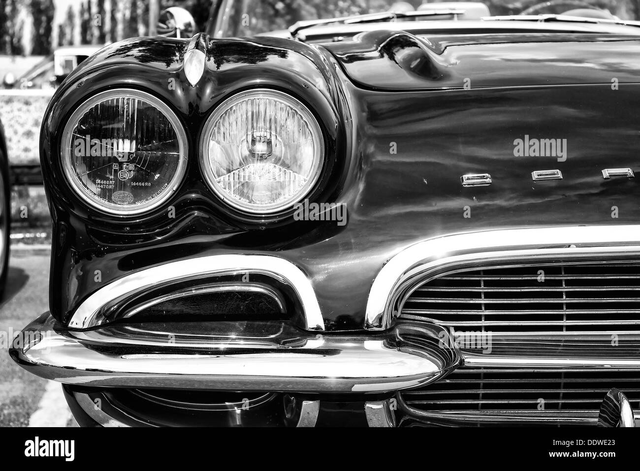 Detail of the front of the sports car Chevrolet Corvette (C1), black ...