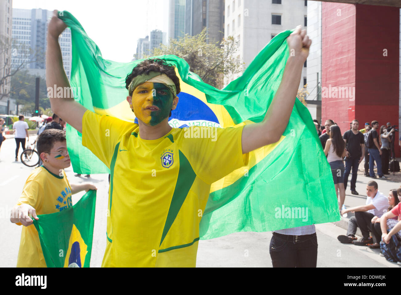 Sao Paulo, Brazil. 7th Sep, 2013. Protester carry brazilian flag during ...