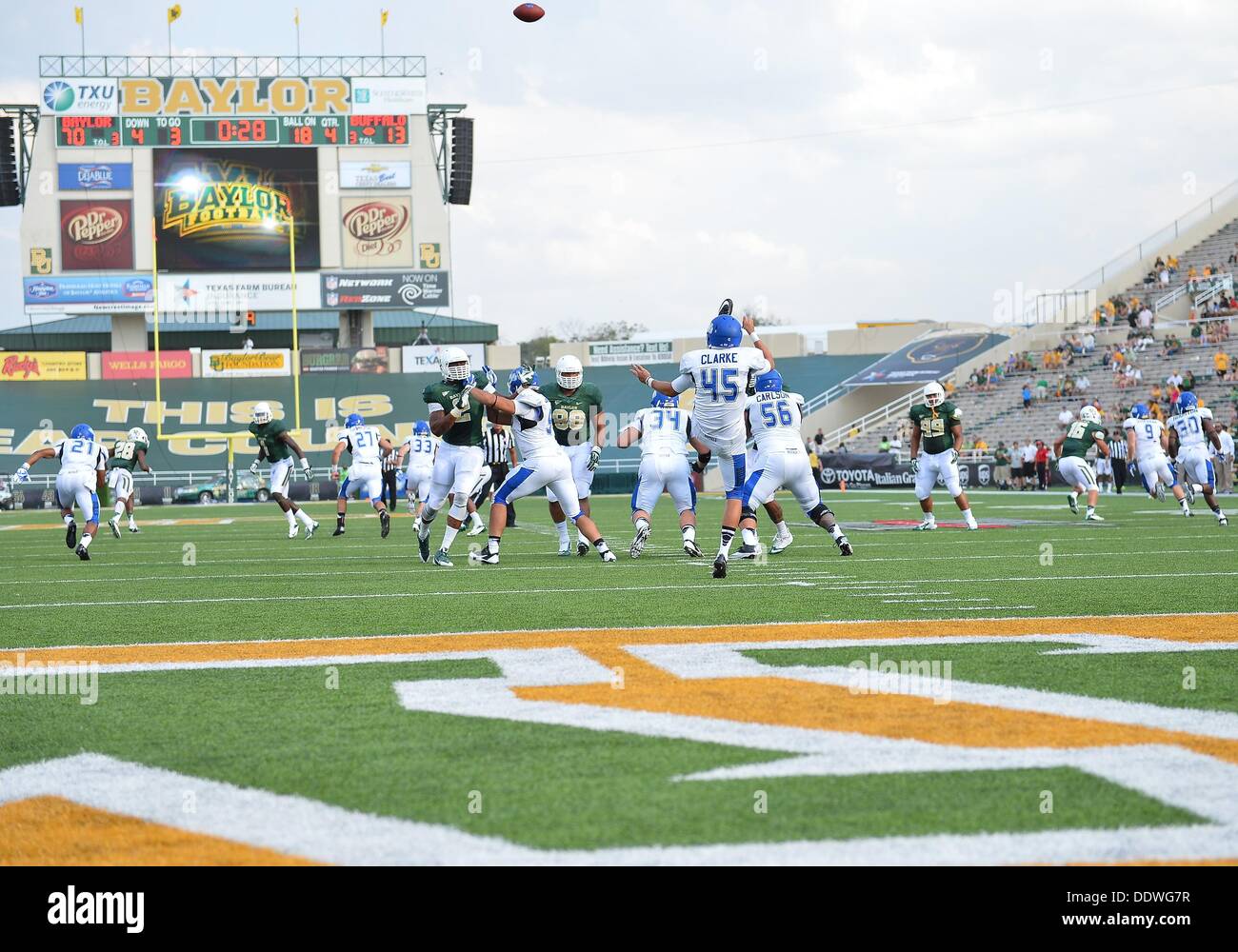 Waco, TX, USA. 7th Sep, 2013. Buffalo Bulls punter Patrick Clarke #45 ...