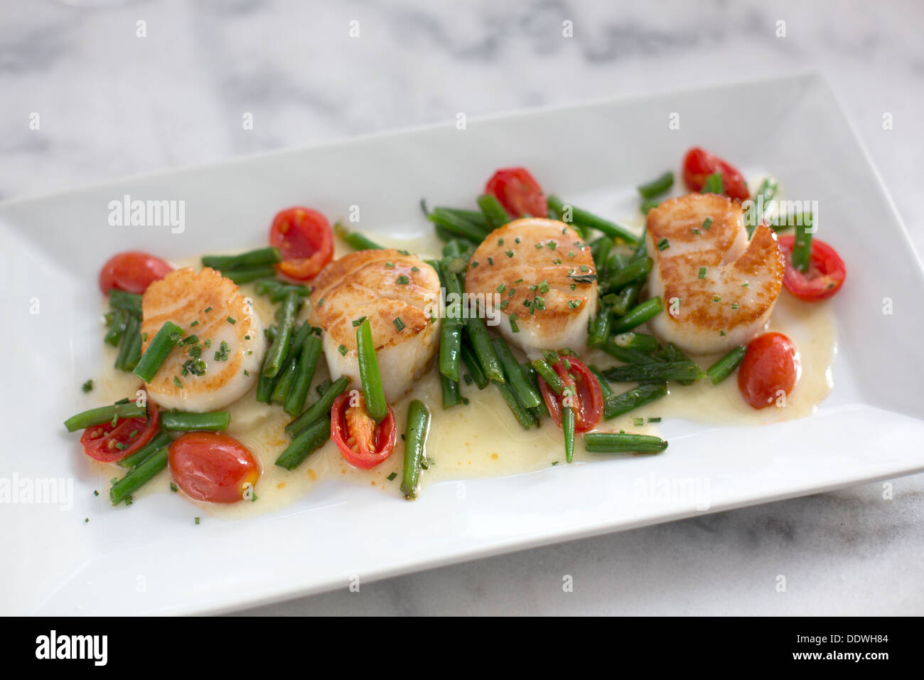 Sea Scallops with celery roots puree, haricot vert, grape tomato and ...