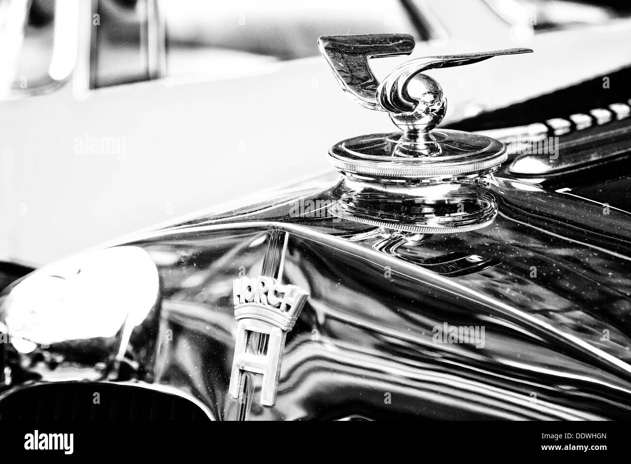 The emblem on the hood of the German car Horch, (black and white Stock ...