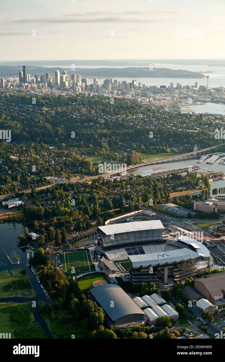 Retro image of Seattle skyline with aerial view of the newly renovated ...