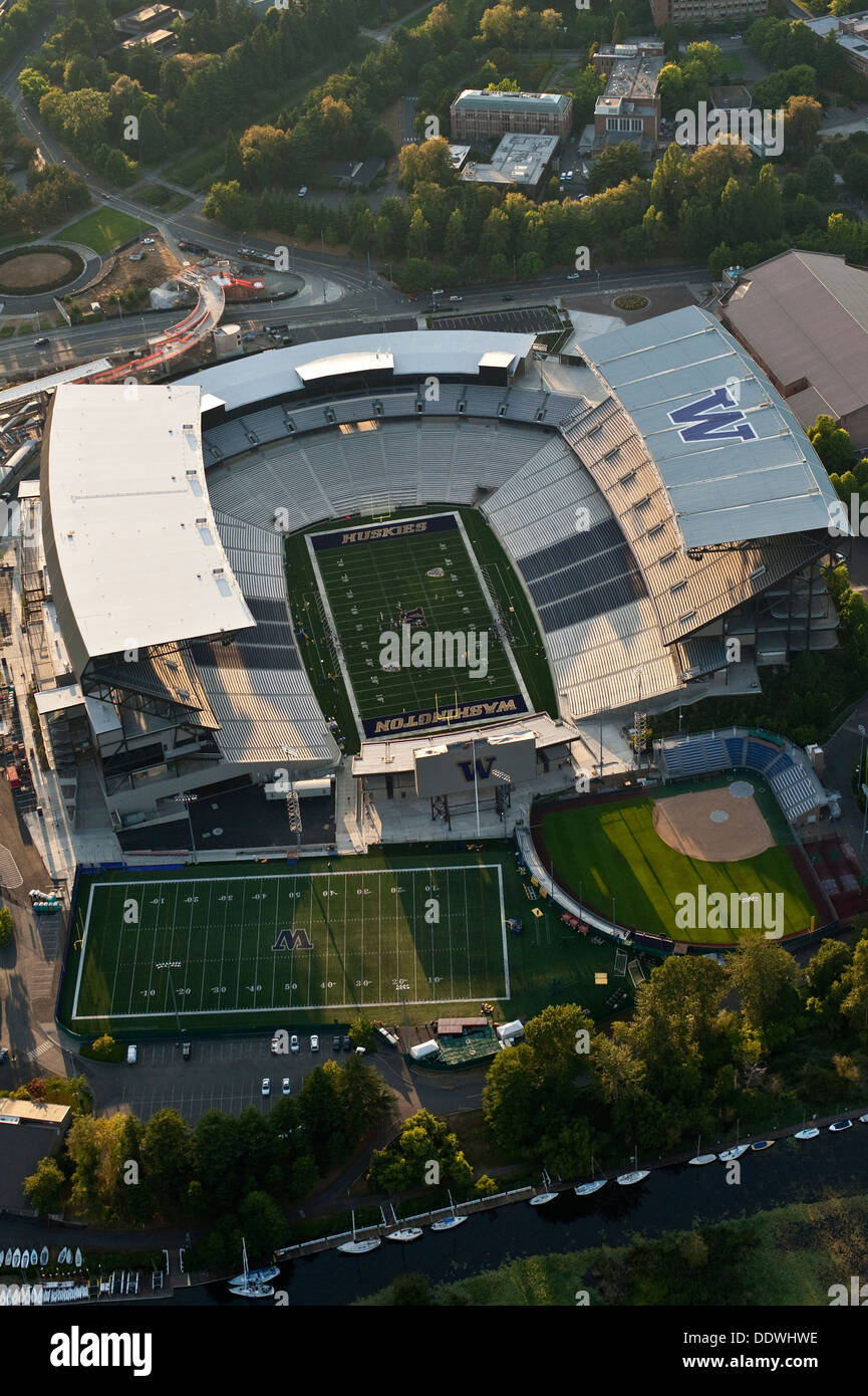 Seattle with aerial view of the newly renovated Husky Stadium Stock ...