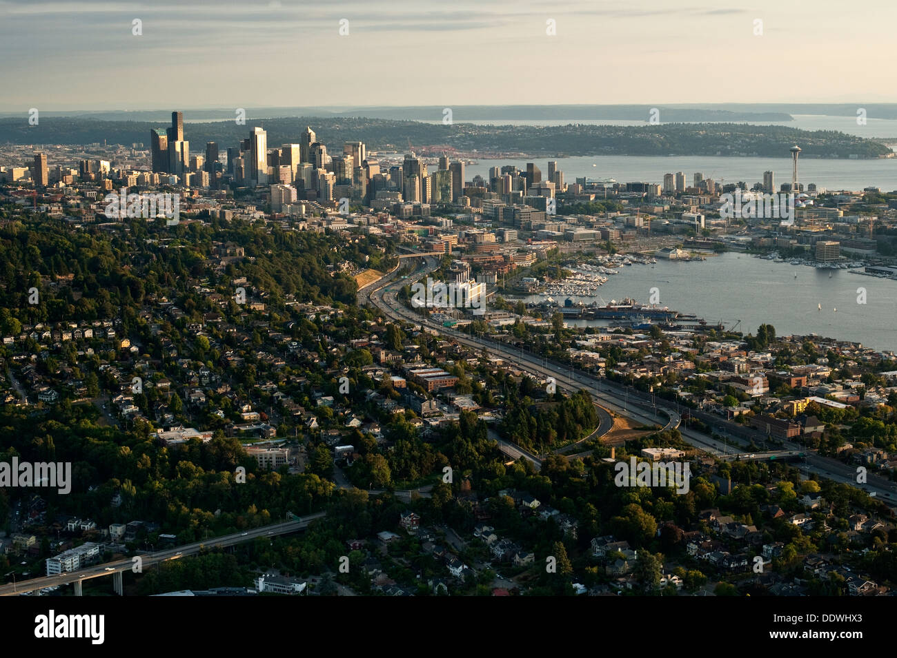 Aerial view of the Seattle skyline with Lake Union and Sailboats Stock ...