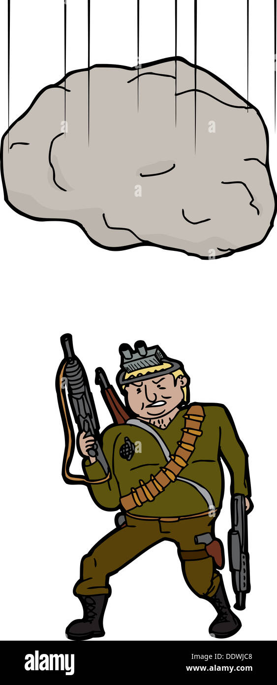 Large boulder falling on distracted man with many weapons Stock Photo ...