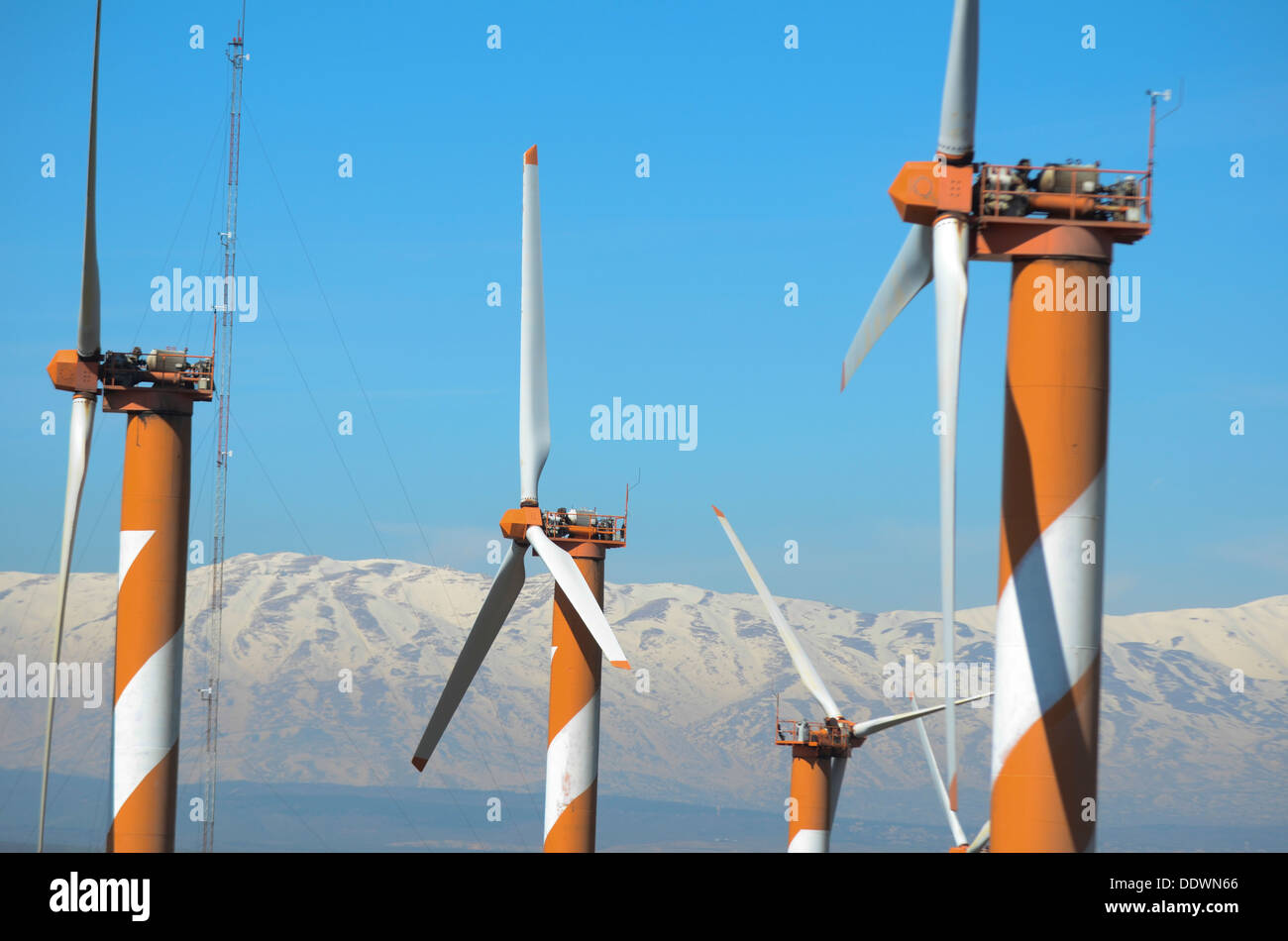 Israel, Golan Heights, View of Wind turbines near kibbutz Ein Zivan ...