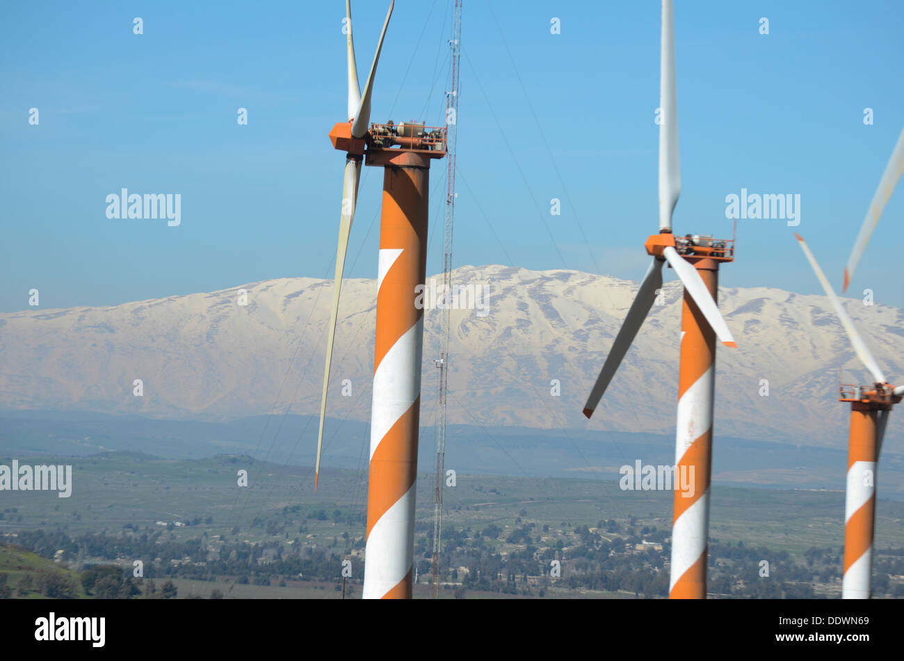 Israel, Golan Heights, View of Wind turbines near kibbutz Ein Zivan ...