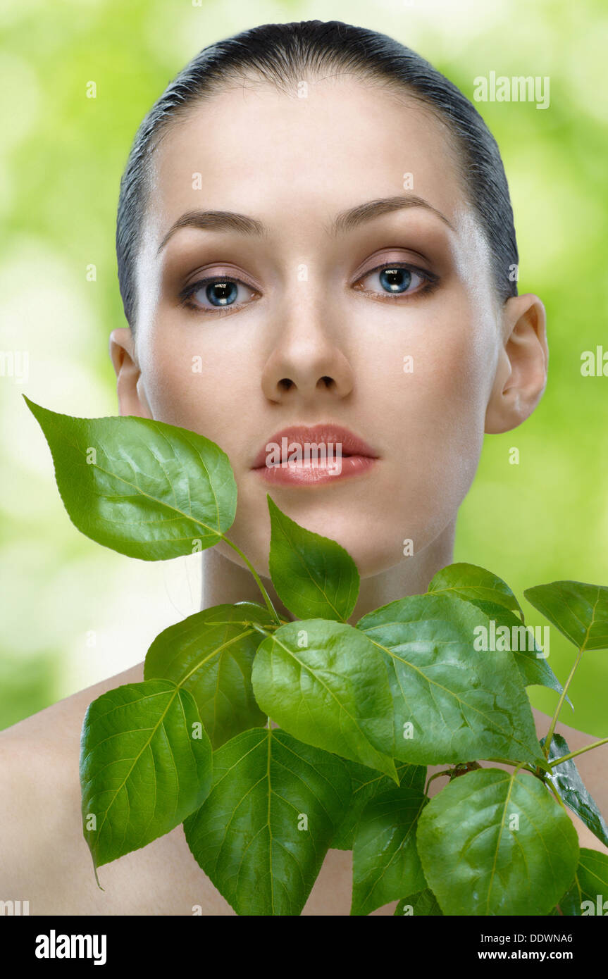 a beauty girl on the leaves background Stock Photo - Alamy