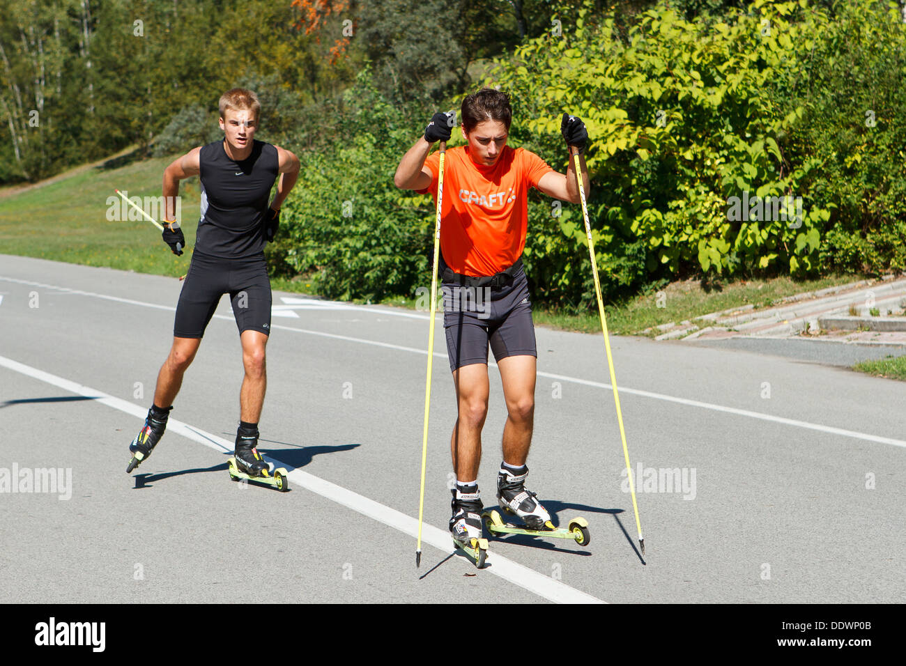 Two young man practicing roller skiing in the park (as a summer ...