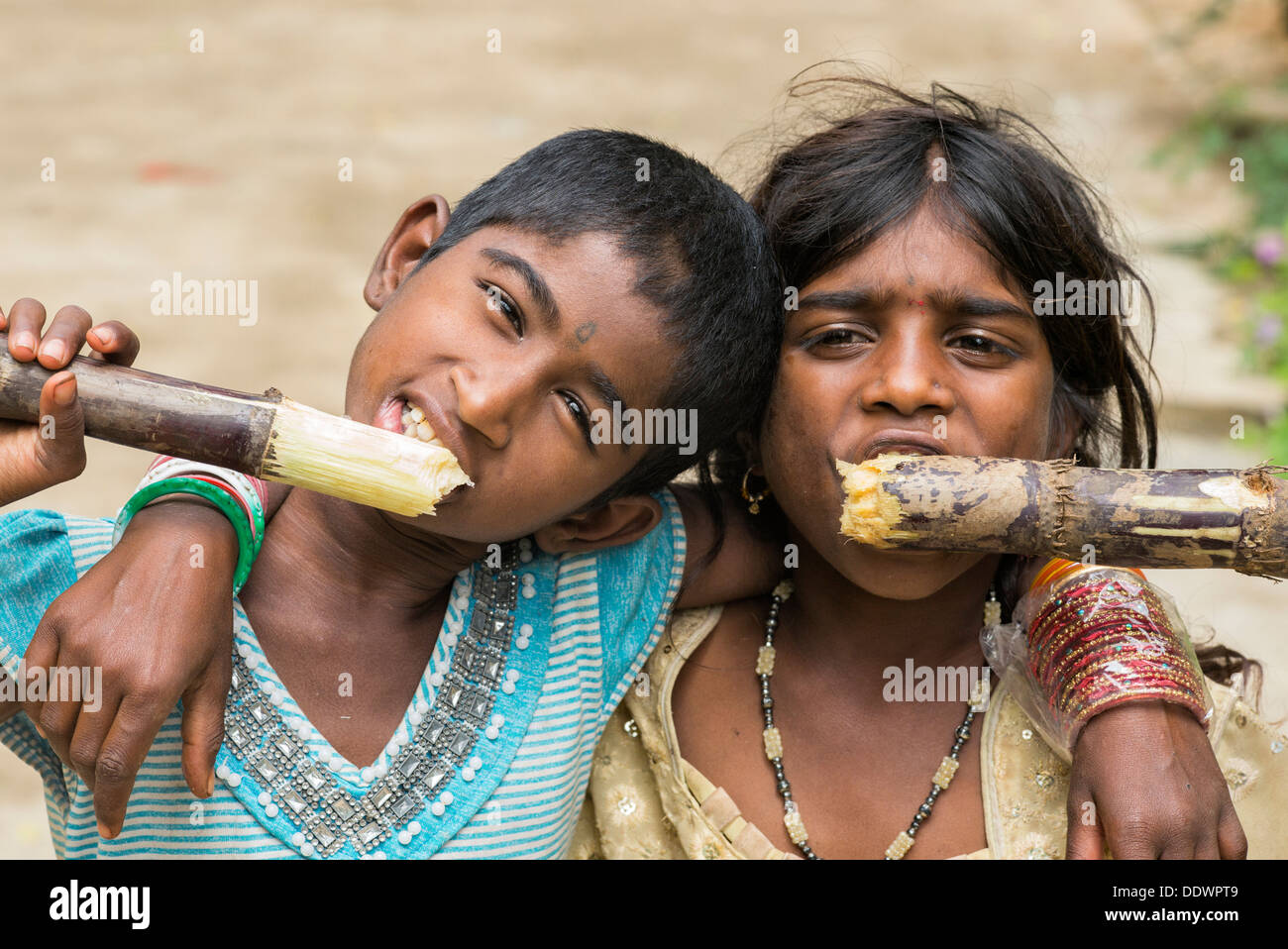 Young Poor Lower Caste Indian Street Girls Biting Into Sugar Cane Andhra Pradesh India Stock