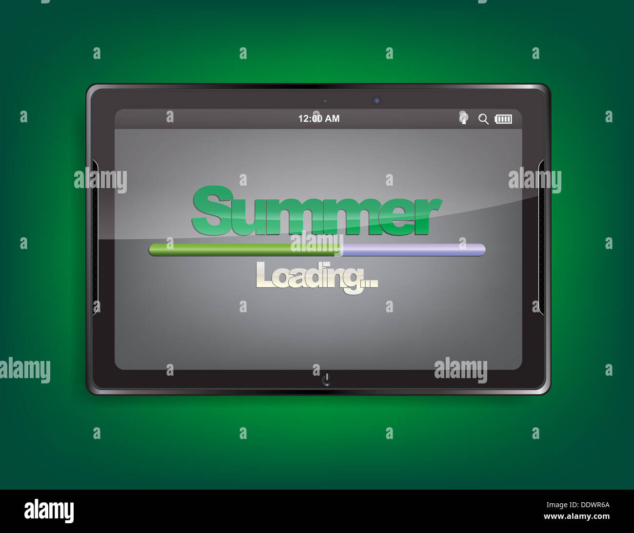 Tablet computer with the message "Summer" and a loading bar on the ...