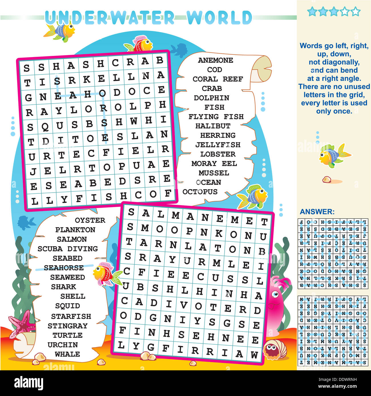 Underwater life themed illustrated word search puzzle. Answer included ...