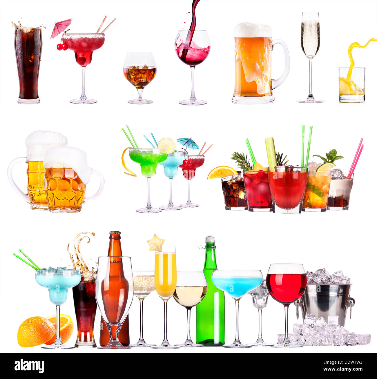 different alcohol drinks set isolated- beer, martini, cola, scotch ...