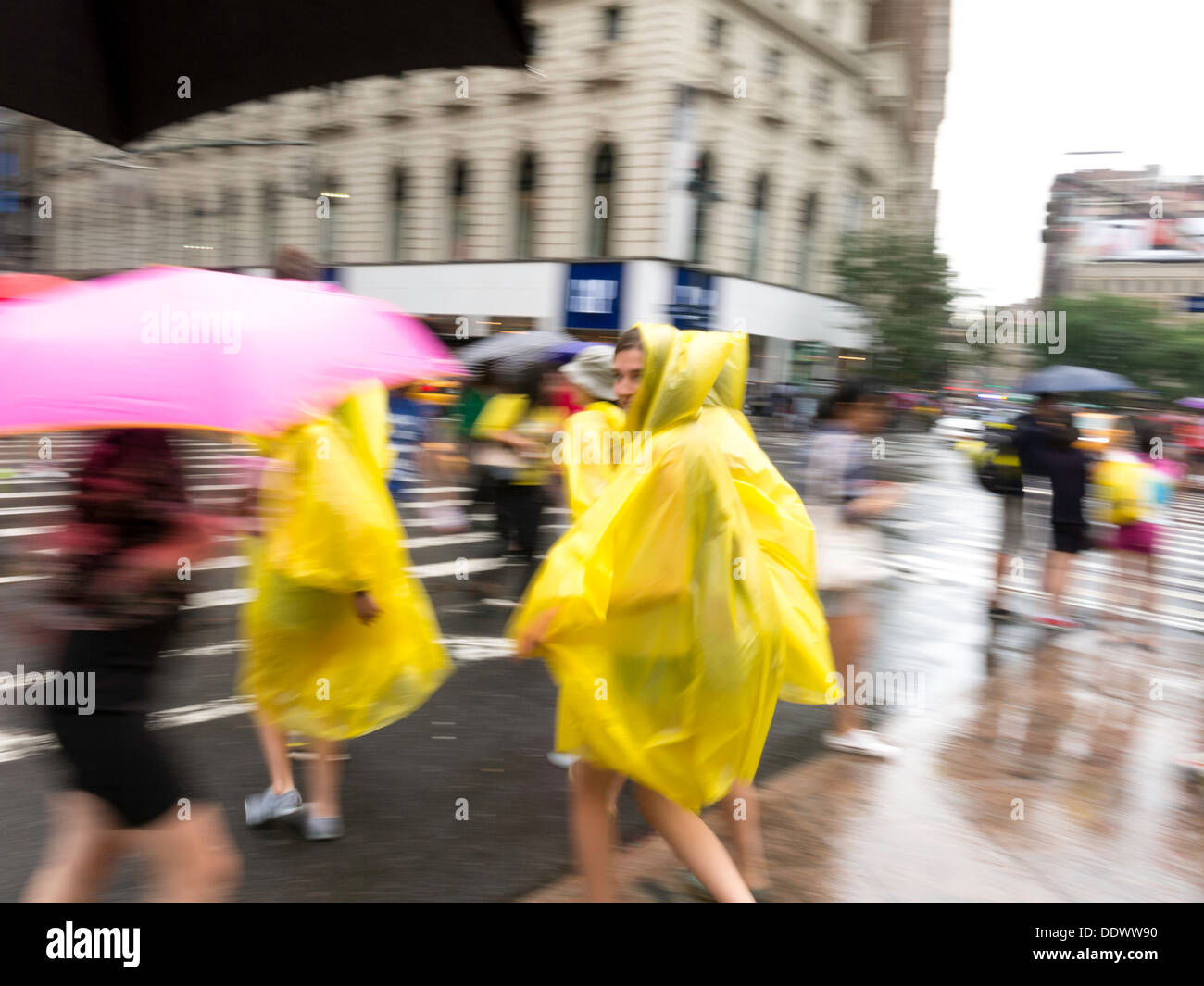 Pedestrians under Brollies in Rainstorm at Herald Square, NYC Stock ...