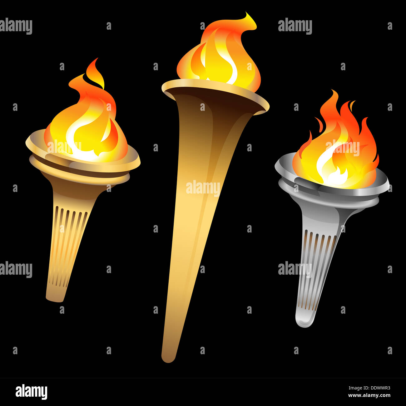 Three flaming torches on a black background Stock Photo - Alamy