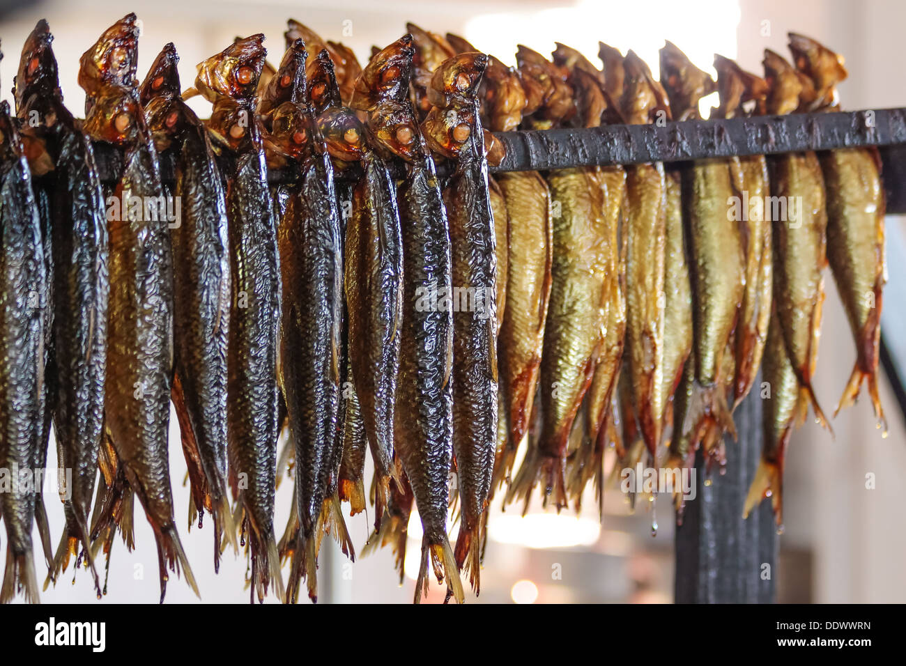 Smoked fish (mackerel) in a smokehouse in Hasle on Bornholm, Denmark ...