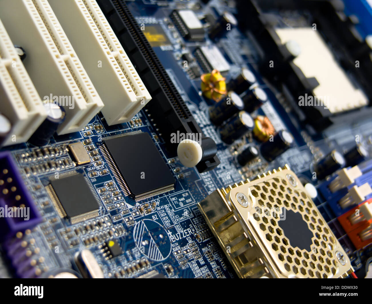 Close-up photo of view of blue system board (computer part Stock Photo ...