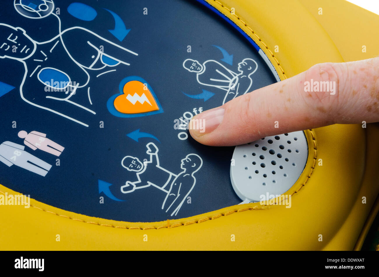 Woman presses the on/off button on a Heartsine SAM350P automatic ...