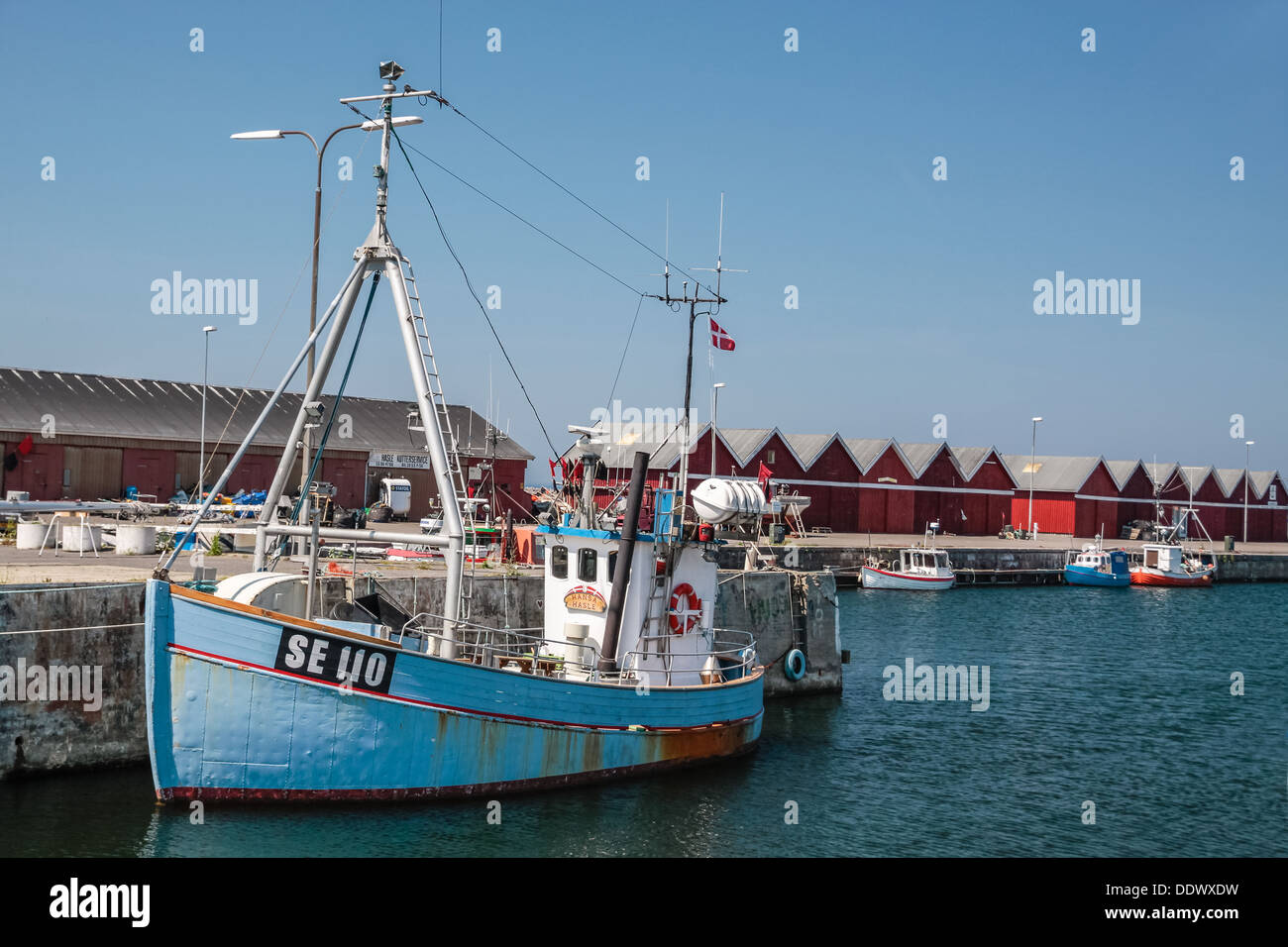 Old blue fishing boat in the port of Hasle Bornholm, Denmark Stock ...