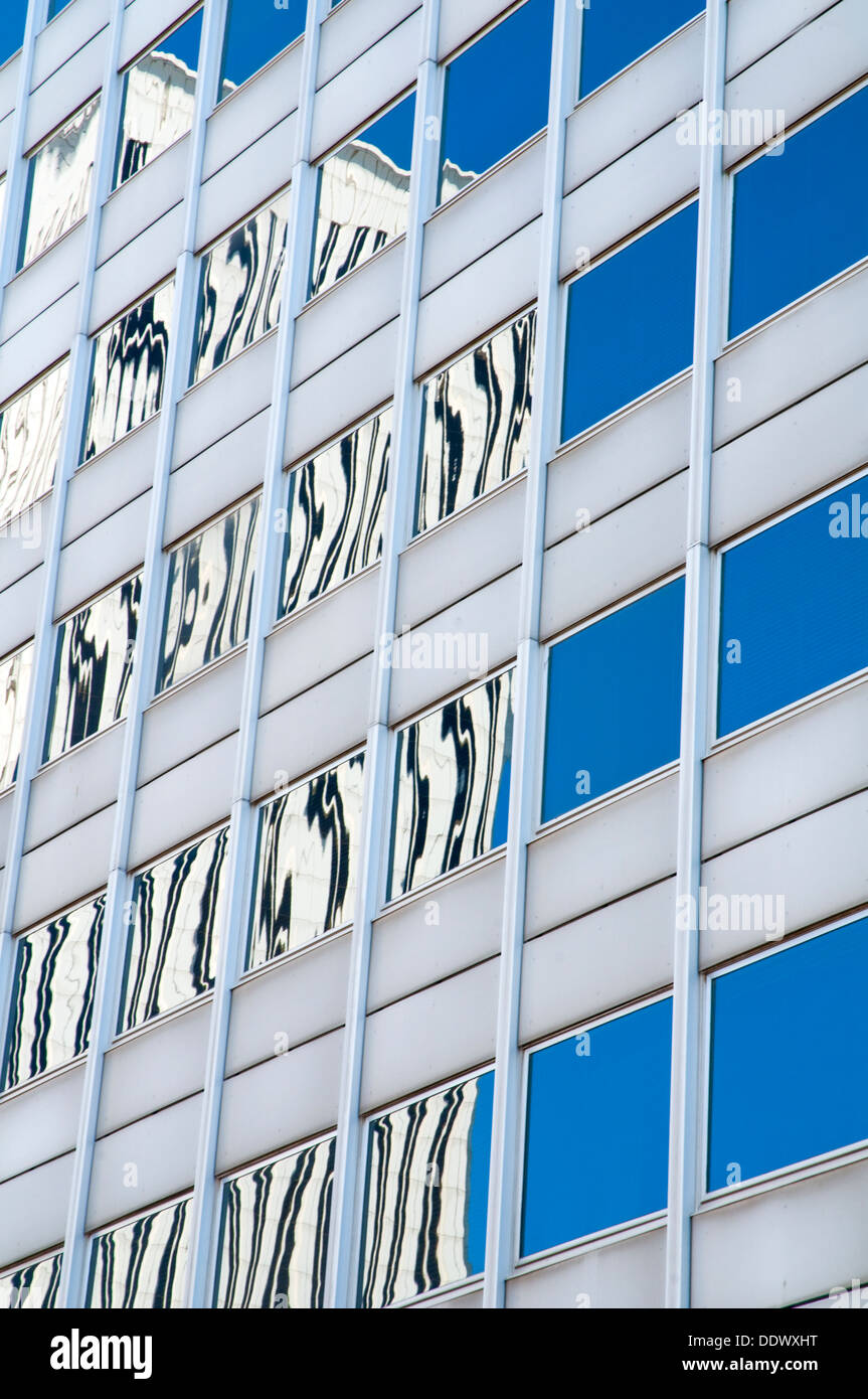 Picasso tower reflected on a facade. AZCA, Madrid, Spain Stock Photo ...